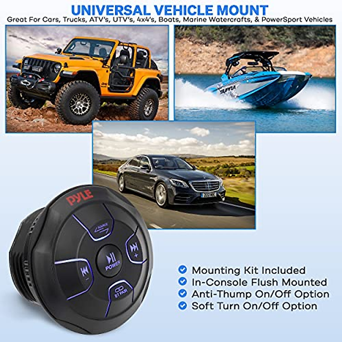 Pyle Amplified Wireless Bluetooth Audio Controller - Waterproof Rated Receiver for Marine, Remote Control w/ USB, AUX, Mount for Car Truck Boat Marine PowerSport Vehicles - Pyle PLMRBTRD1