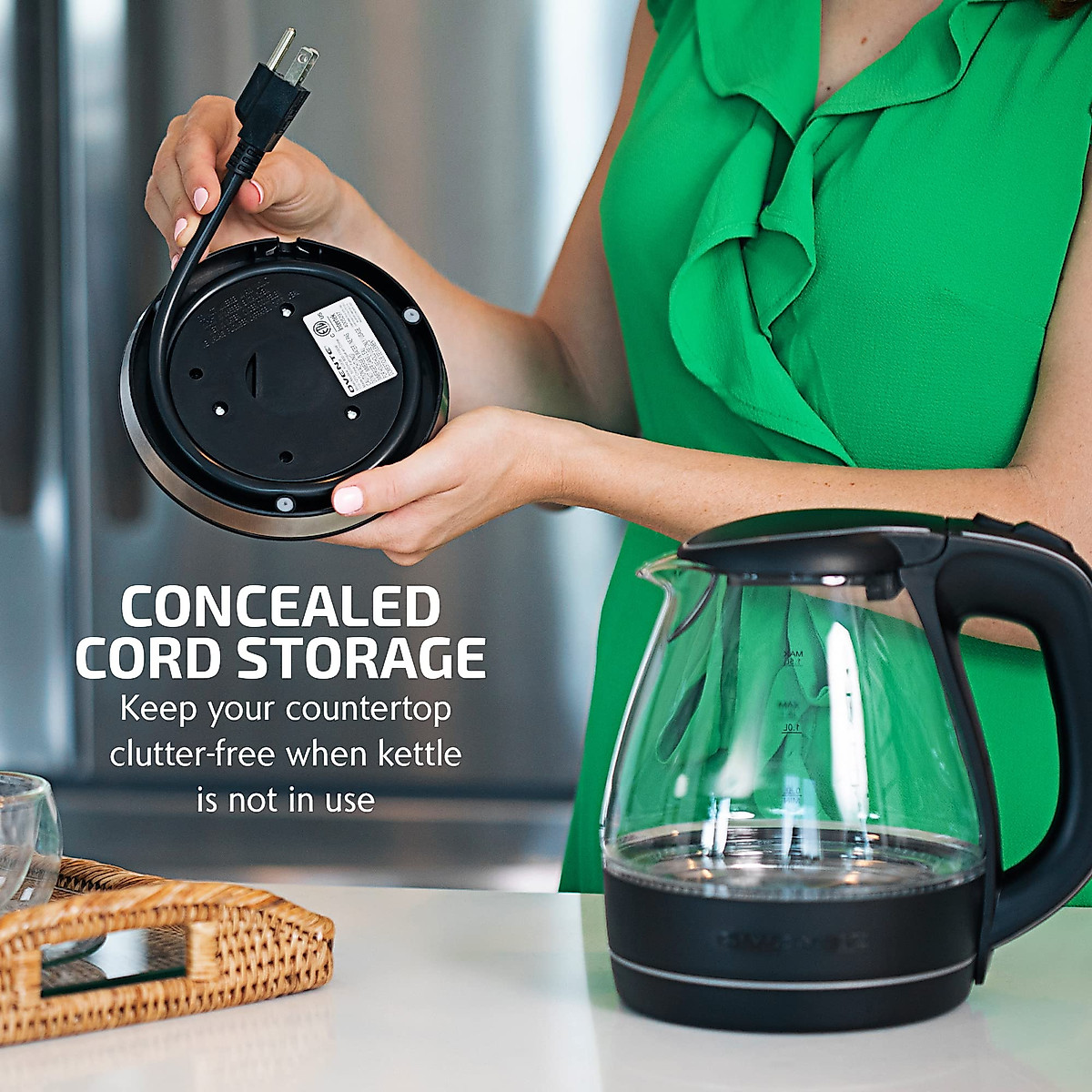 Ovente Glass Electric Kettle, 1.5 Liter BPA Free Borosilicate Glass Fast Boiling Countertop Heater with Automatic Shut Off & Boil Dry Protection, Hot water Boiler for Tea & Coffee, Black KG83B