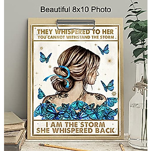 Positive Quotes Inspiration Wall Art & Decor - She Whispered Back I Am The Storm - Boho Hippie Wall Art - Motivational poster - Encouragement Gift for Woman - Blue Bedroom Home Office Living room Art