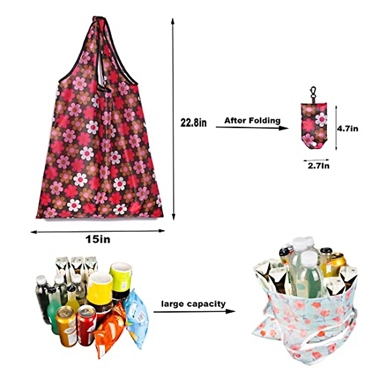 Elephant-package 6 Pcs Foldable Shopping Bags with Hook- Washable- Reusable Grocery Bags with Pouch Tote Bags (Cute Flower Design)