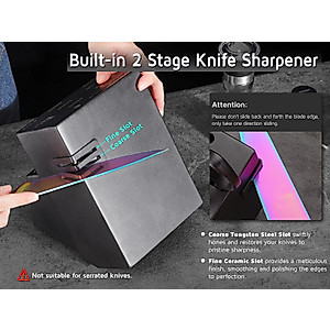 18-Slot Kitchen Knives Block, WELLSTAR Large Capacity Natural Wooden Knife Holder without Knives – Modern Hard Wood Counter-top Knife Storage with Built-in 2-Stage Knife Sharpener - Black