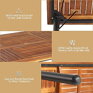 HAPPYGRILL 7 Pieces Patio Dining Set Outdoor Furniture Rattan Wicker Dining Set with Umbrella Hole, Powder Coated Steel Frame, Acacia Wood Dining Table and Armchairs with Removable Cushions