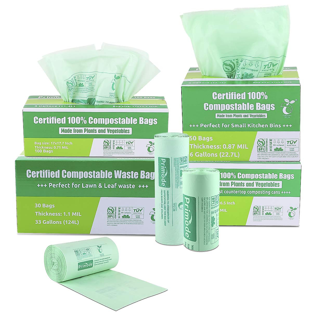 Compost Bags, Compostable Trash Bags 3 Gallon Compostable Bags 100 Count Small Compost Bags for Countertop bin Extra Thick 0.71 Mil. ASTM D6400 Certified By BPI and TÜV AUSTRIA