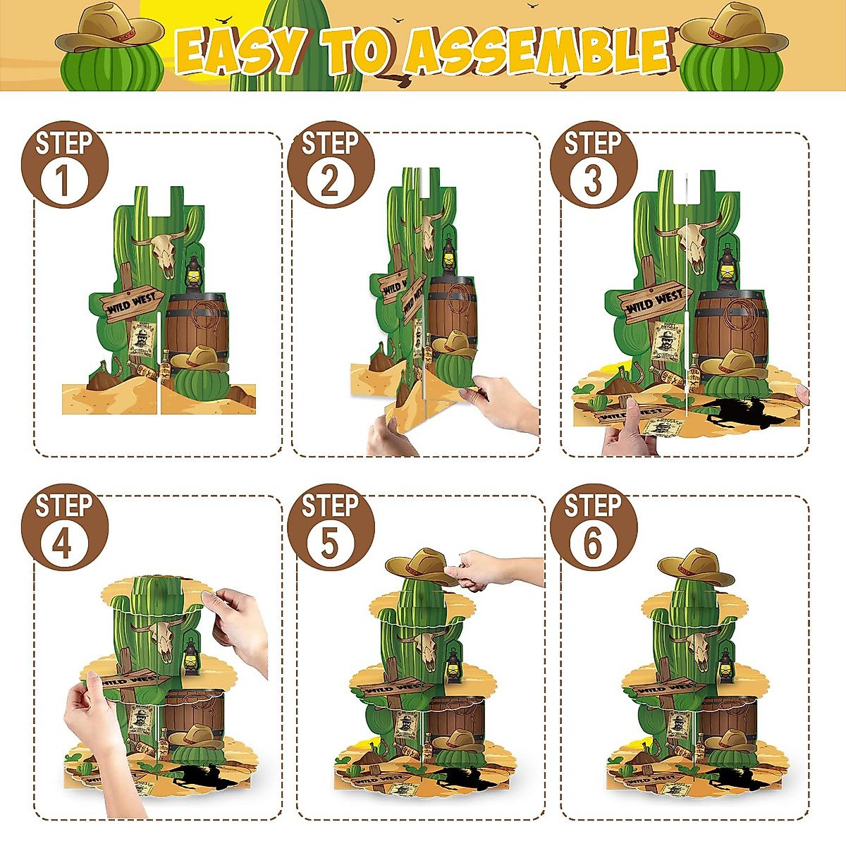 LXlucktim Western Cowboy Party Decorations Cupcake Stand, 3 Tier Cardboard Cowboy Cupcake Holders with 12pcs Cupcake Toppers and 12 Cupcakes Wrappers for Kids Wild Vest Birthday Party Supplies
