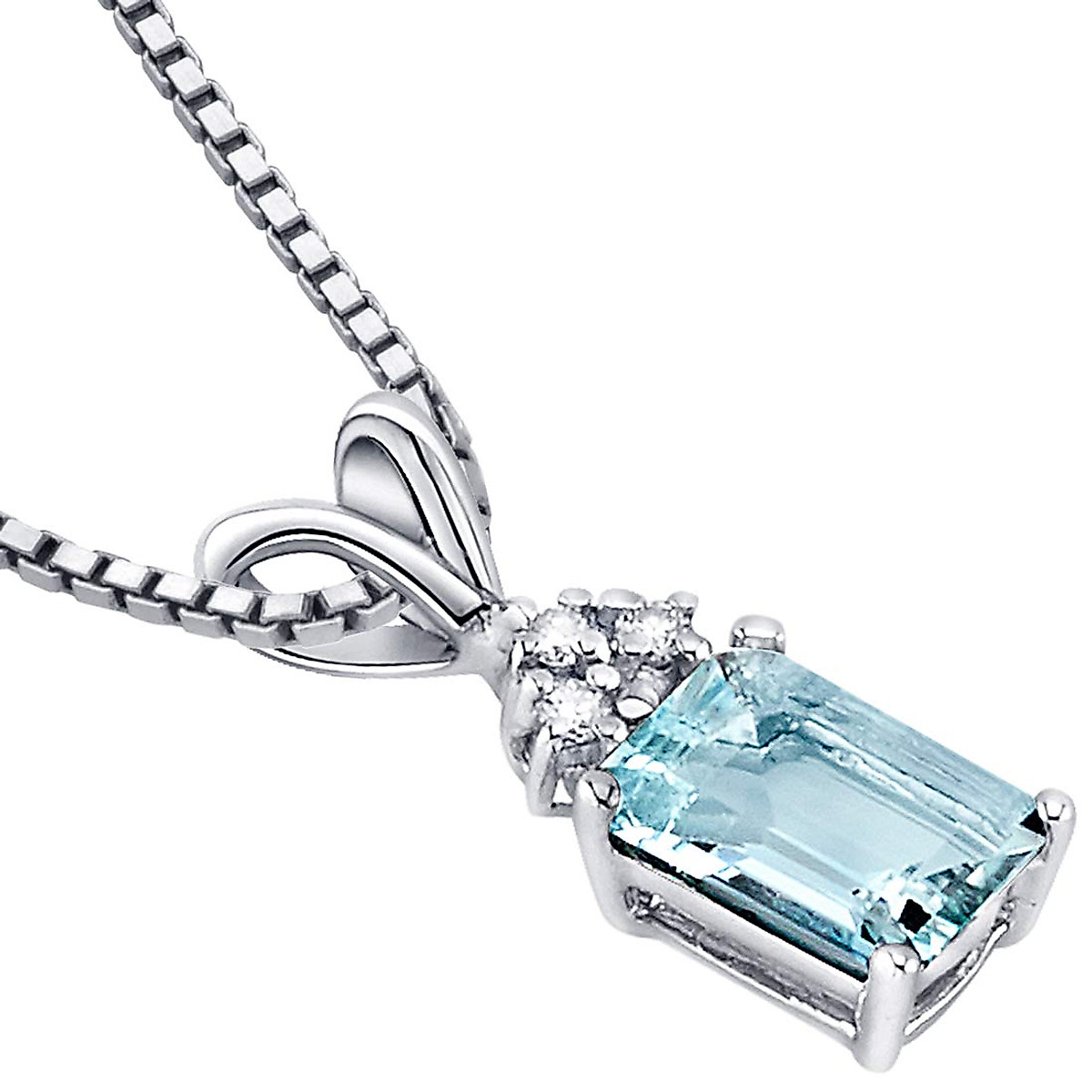 PEORA Solid 14K White Gold Aquamarine with Diamond Pendant for Women, Genuine Gemstone Birthstone Solitaire, Emerald Cut, 7x5mm