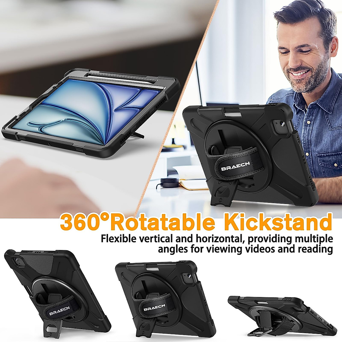 BRAECN for iPad Air 11 Inch 6th Generation Case M2 2024,iPad Air 5th Gen/iPad Air 4th Gen 10.9 Inch,Shockproof Durable Silicone Case with 360 Rotating Hand Strap&Kickstand for iPad Air 11'' Case-Black