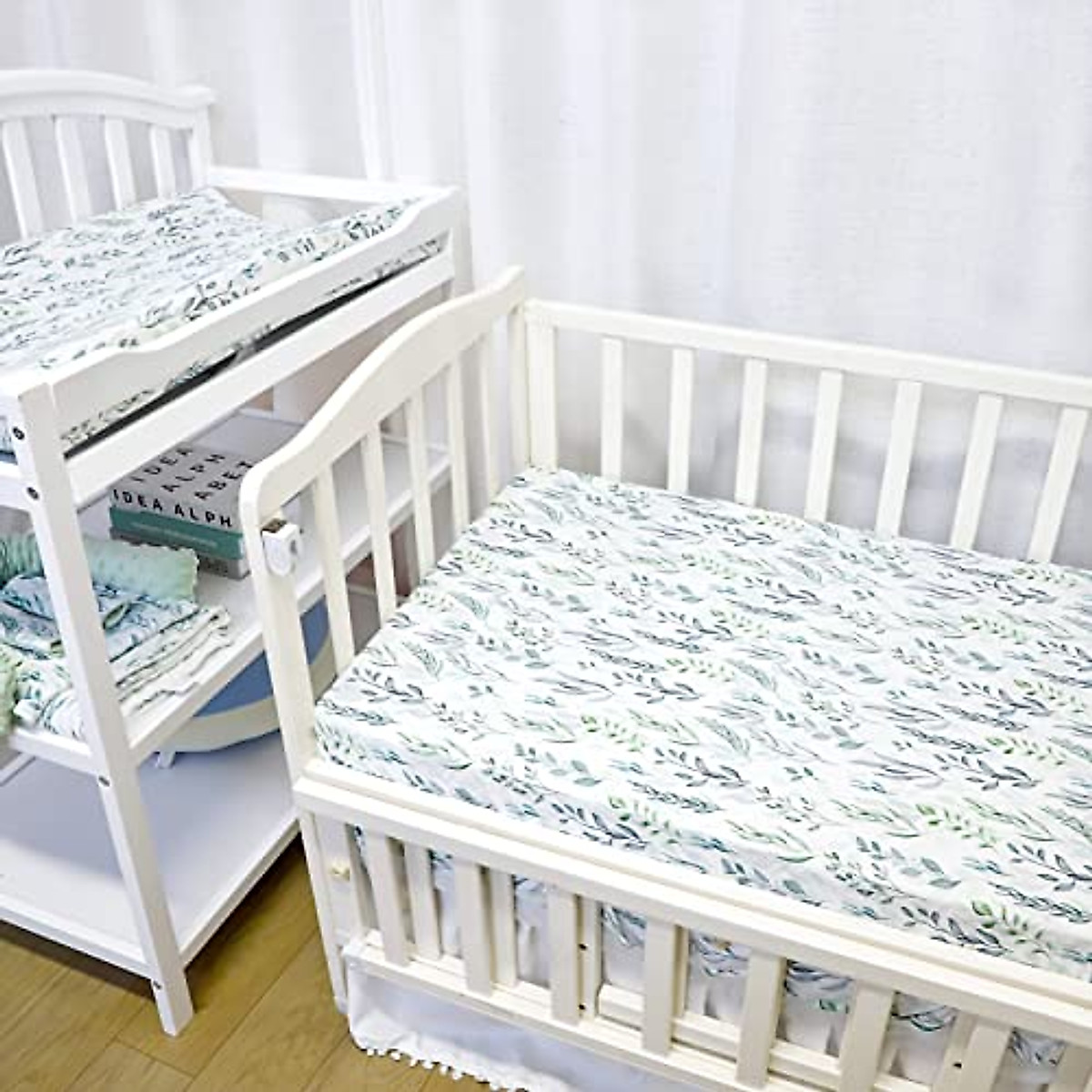 DILIMI Crib Sheet Fitted Crib Sheets for Baby Boys Girls, Ultra-Soft Cotton Blend Baby Sheet Fits Standard Crib and Toddler Mattress, Green Leaf