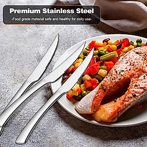 E-far Serrated Steak Knives Set of 12, Stainless Steel Dinner Knife for Home Kitchen Restaurant, 9 Inch Table Knife with Ergonomic Handle and Sharp Tip & Blade, Mirror Silver & Dishwasher Safe