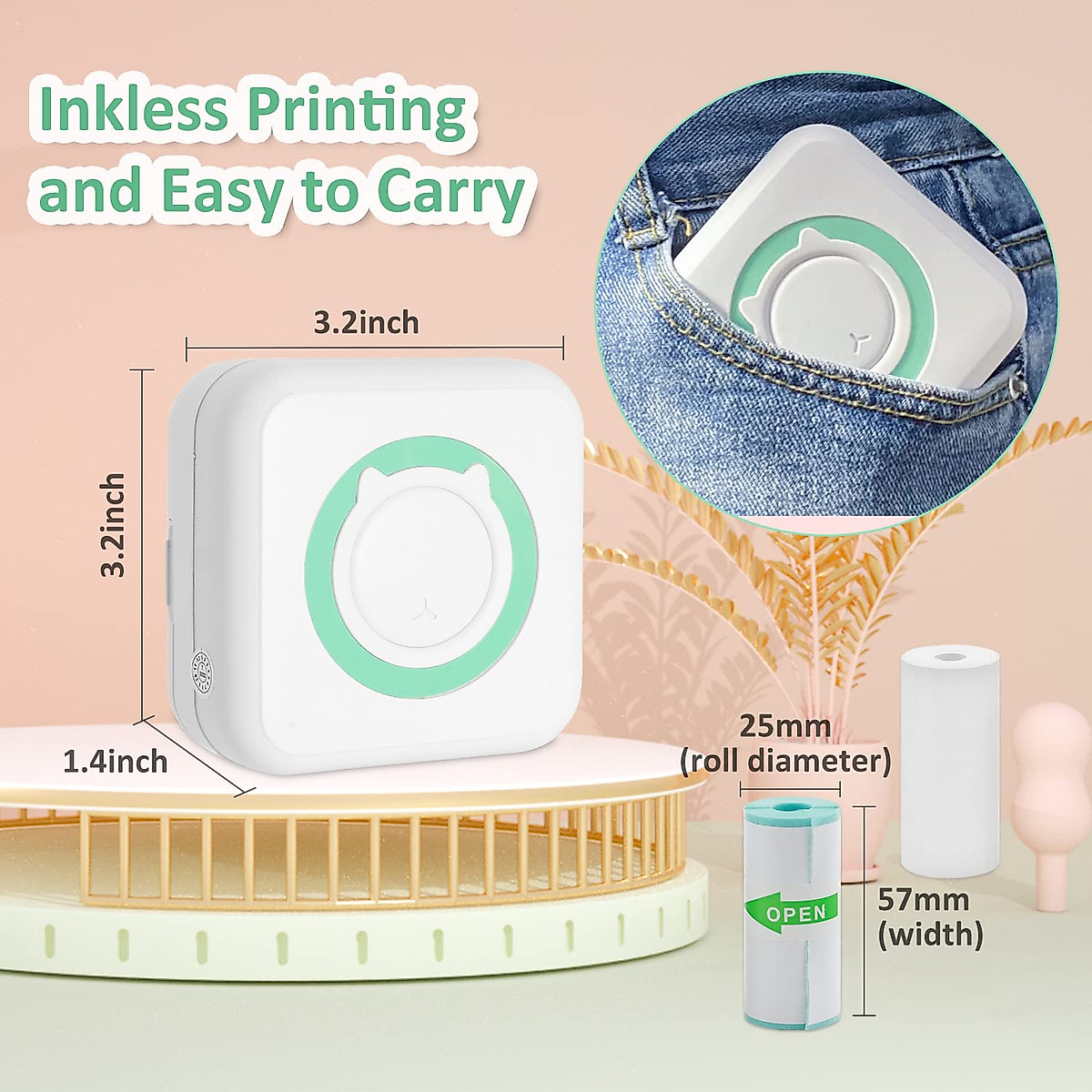 AURTEC Mini Thermal Printer, Portable Wireless Bluetooth Inkless Printer with 3 Rolls of Sticker and 3 Rolls of Thermal Paper, Compatible with Android/iOS, Pocket Printer for Memo, DIY, and More