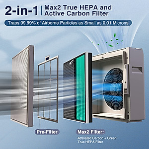 2 Pack 250/250S Replacement Filters for Coway AIRMEGA Max2 250 250S Smart Air Purifier, Max 2 Green True HEPA and Activated Carbon Filter Set, AP-1720-FP