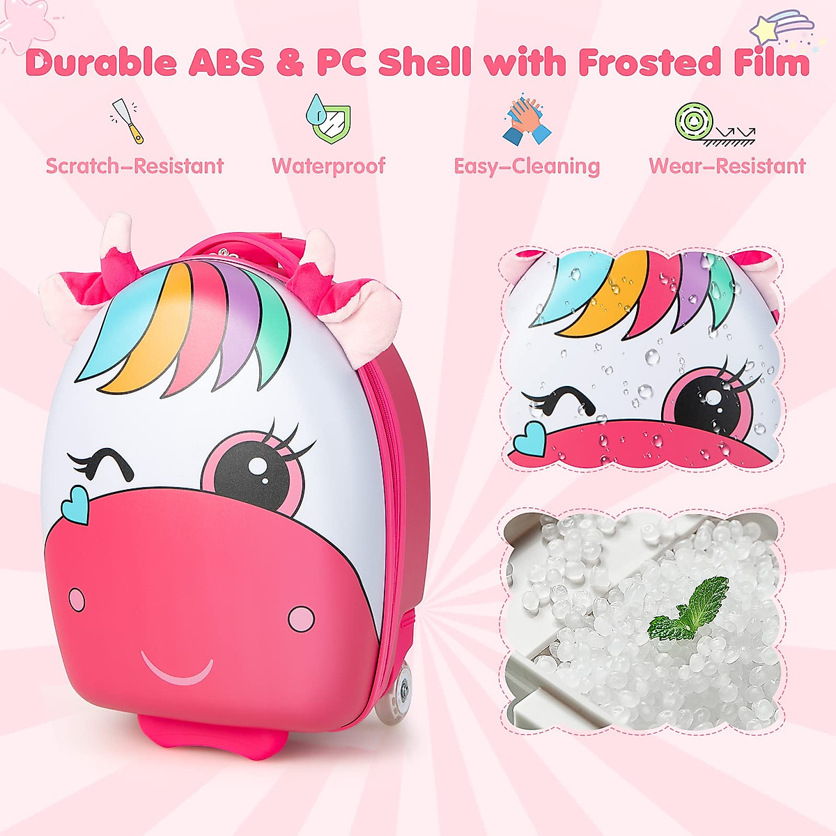 Goplus Kids Luggage, 16’’ Carry on Suitcase with LED Wheels, Waterproof Hard Shell, Lightweight Rolling Luggage for Travel, Birthday Christmas Gifts for Toddlers, Children, Boys, Girls (Pink)