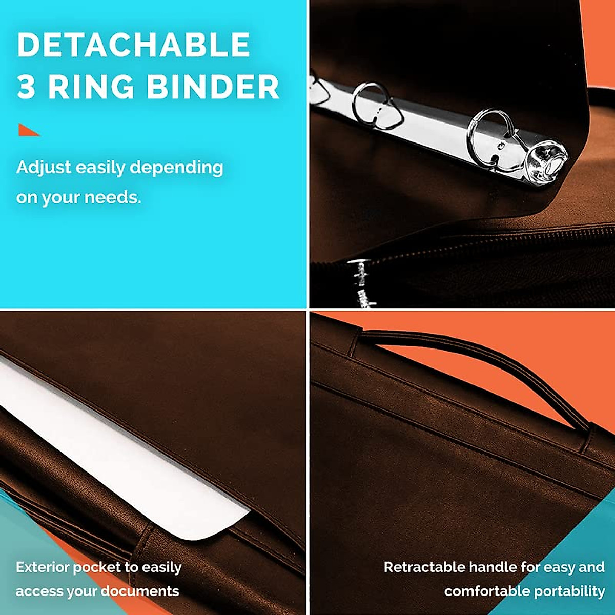 Wundermax 13x10.7x1.9in Vegan Leather Padfolio for Men/Women with Handle, Zipper, Notepad, Detachable Binder, Tablet Pocket - Brown