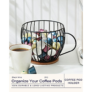 getstar Coffee Pod Holder, Large Black Wire Coffee Bar Accessories with Acacia Wood Base