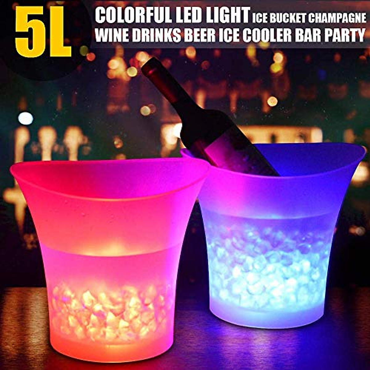 PeSandy LED Ice Bucket, 5L Large Capacity Wine Ice Bucket Drink Containers with Multi Colors Changing for Party/Home/Bar, Waterproof Champagne Retro Wine Drink Beer Beverage (1PCS, Battery Powered)
