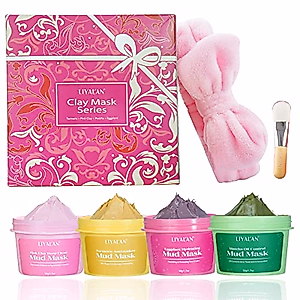 LIYALAN Face Clay Mask Set(1.76 oz/4 pack),Matcha Facial Mud Mask, Eggplant Rose Face Mask Skin Care, Turmeric Acne Facial Masks Gifts for Women, Deep Cleansing(Pink)