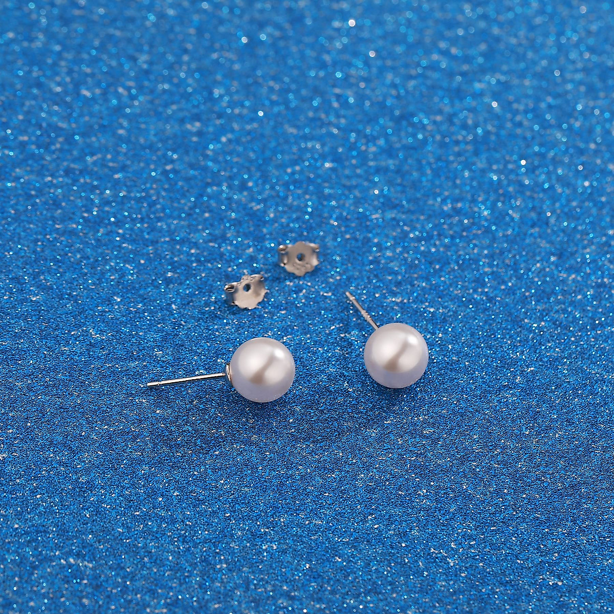 18K White Gold Plated Sterling Silver Post Faux Pearl Stud Earrings for Women, White Pearl Wedding Earrings Hypoallergenic Jewelry (8mm)