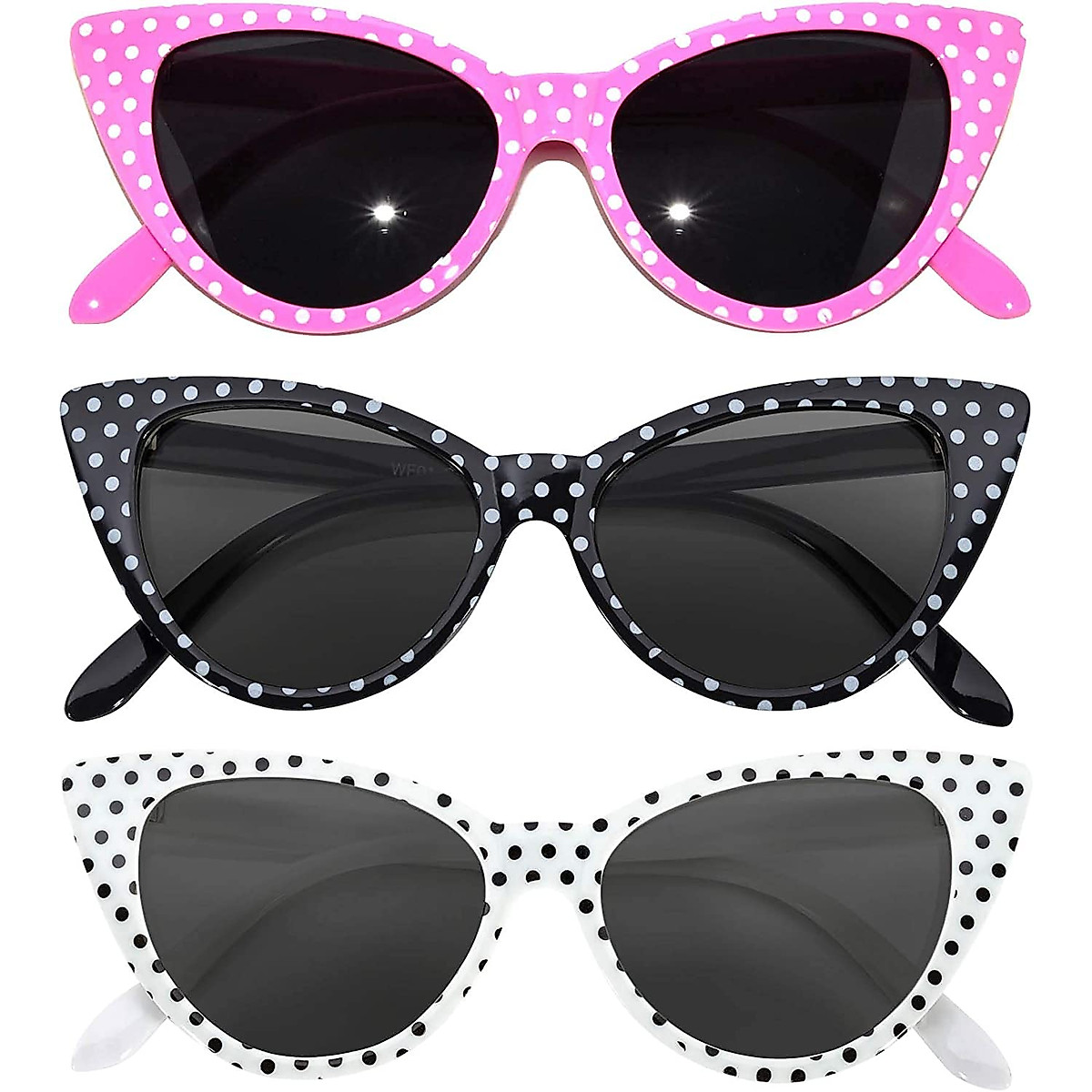 3 pairs of Cat Eye Sunglasses Plastic Pink White Black Polka Dots frames