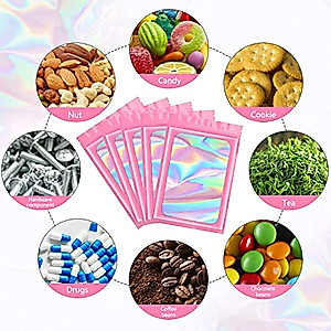 Funfery 100 pcs Pink Mylar Holographic Bags Packaging Bags,Clear Seal Resealable Smell Proof Bags Foil Pouch Bags for Food Storage and Lipgloss,Jewelry,Eyelash Packaging for Small Business(3x4.7In)