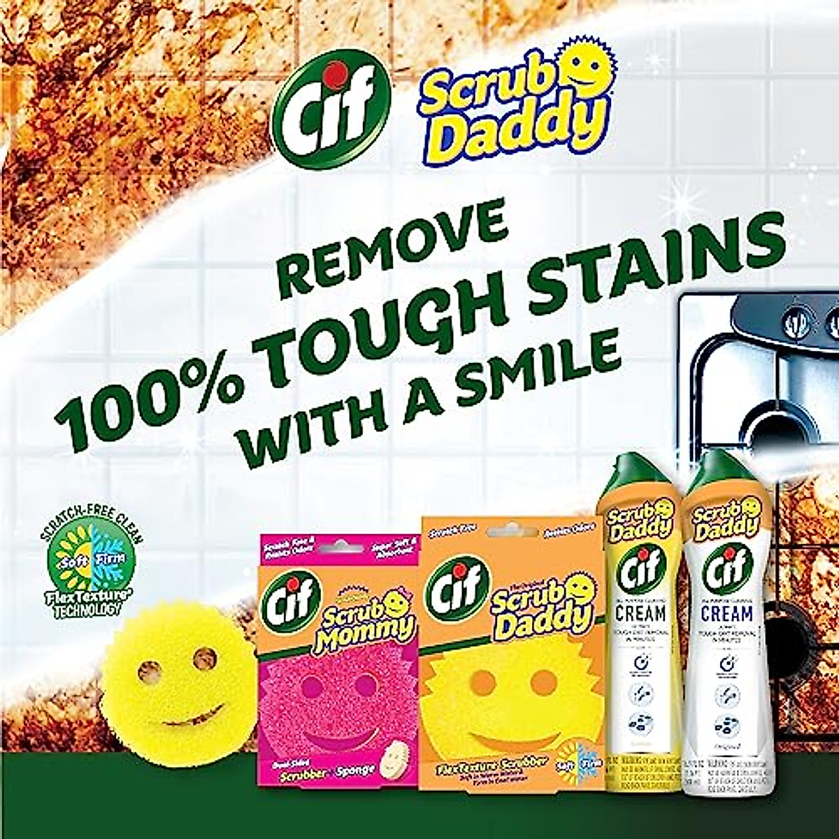 Scrub Daddy Scrub Mommy, Daddy Caddy + Cif All Purpose Cleaner - Scratch-Free, Dual-Sided Kitchen + Bathroom Scrubber + Multipurpose Cleaning Cream - Cleaning Supplies Kit for Multiple Surfaces