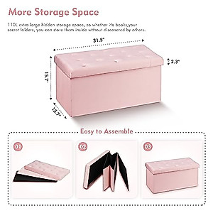 B FSOBEIIALEO Folding Storage Ottoman, Long Ottomans Shoes Bench, Velvet Storage Chest Footrest Seat 31.5"x15.7"x15.7" (Pink, Large)