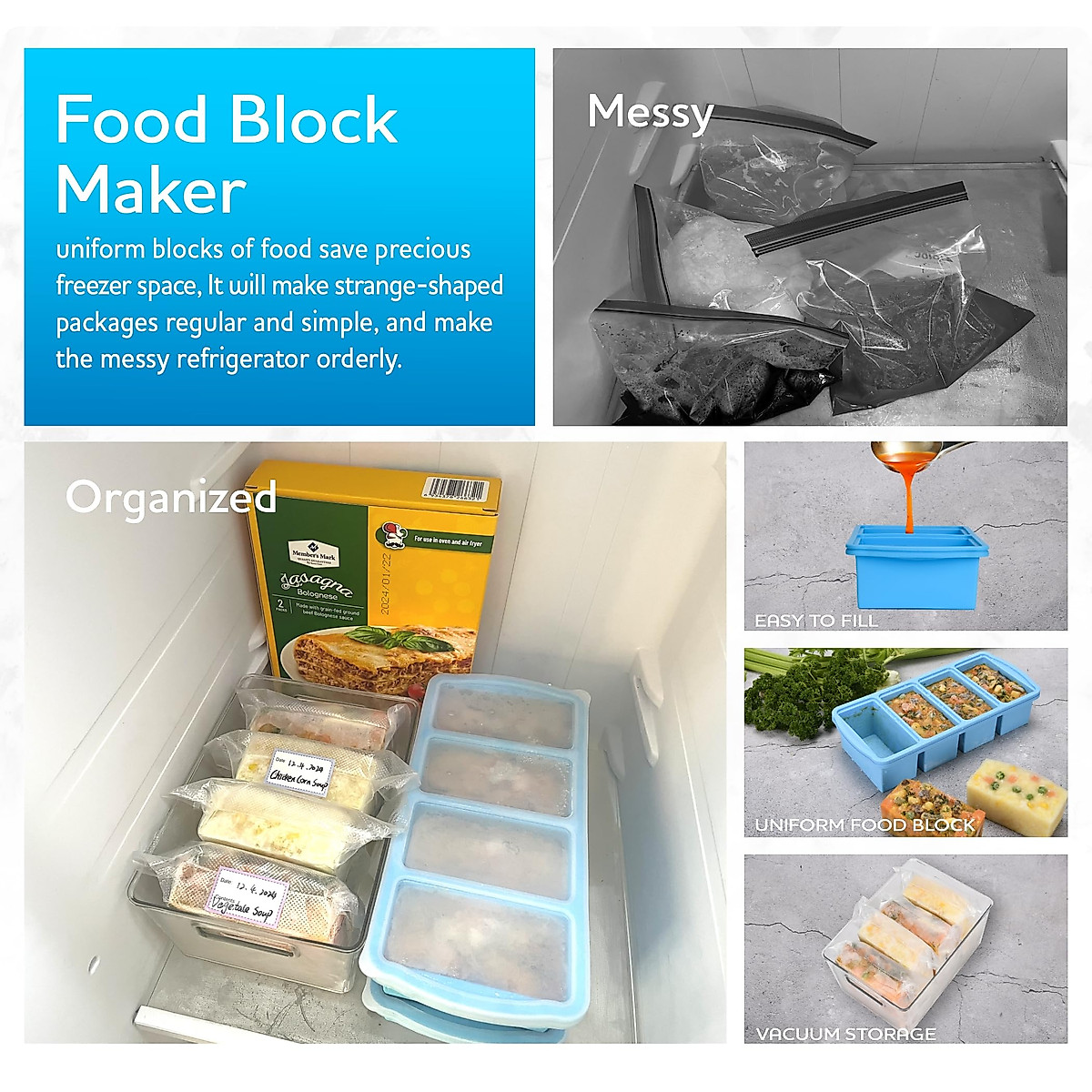 ZIP STANDING Silicone Freezer Trays with Lid,1-cup Soup Freezer Container large Ice Cube Molds with Reinforced Steel Ring Top for freezing Soup Sauce Broth Leftovers oven Dishwasher -Safe(2-Pack)