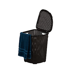 Plastic Corner Laundry Hamper with Lid, Curved Designed Laundry Basket, Triangle Brown Cloths Hamper Organizer with Cut-out Handles for Laundry Room Bedroom Bathroom, Wicker Design, 50 Liter