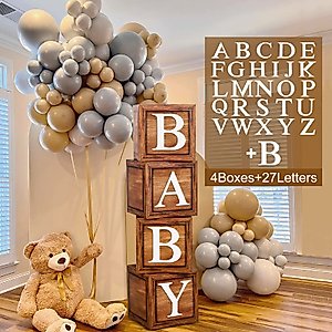 Brown Baby Balloon Boxes with 27 Letters - 4 Pcs Wooden Grain Baby Shower Blocks and A-Z+B Letters Woodland and Teddy Bear Decoration for Baby Shower, Gender Reveal, 1st Birthday Party Backdrop.