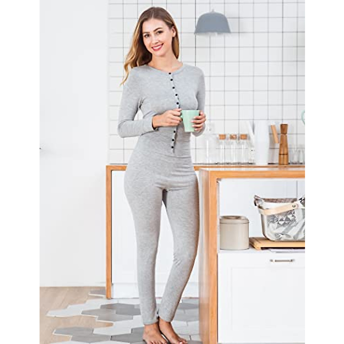 Ekouaer Bandage One Piece Pajama Romper Long Sleeve Jumpsuit Sleepwear For Women,Gray,Medium