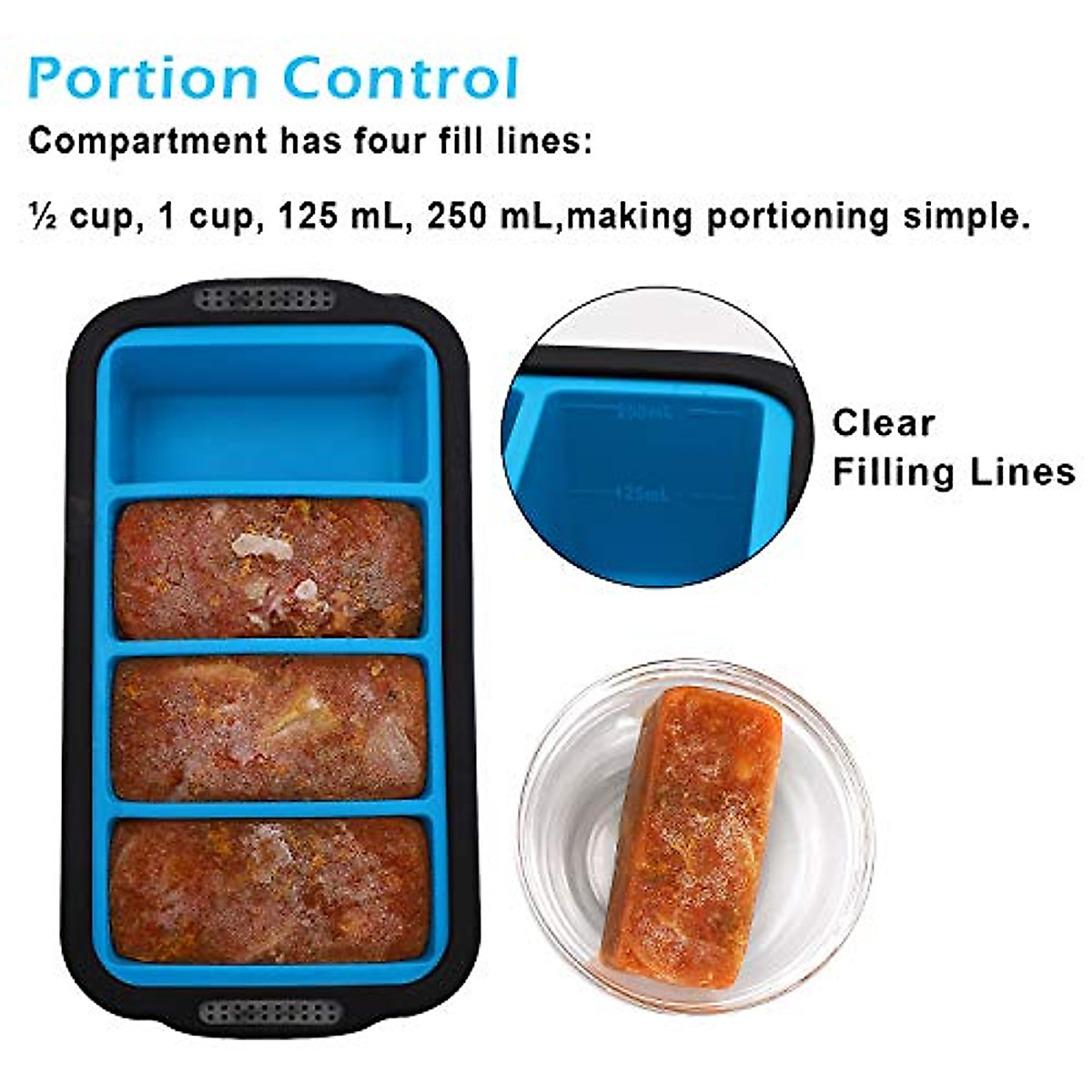 1 Cup Extra Large Silicone Cube Freezing Trays with lid for soup,broth,sauce or butter, Silicone Freezer Container Molds Soup Trays -makes four great portions 1cup Cube(2 PACK, Blue)