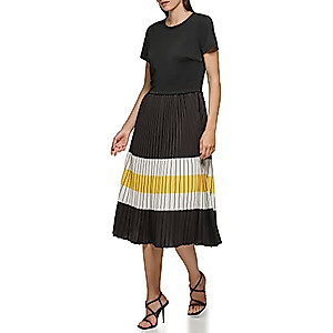 Karl Lagerfeld Paris Women's Pleated Printed Midi Dress, Black Lemon Chrome Soft White