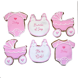 Pink Girl Baby Shower Assortment Cookies- 6 Decorated Crunchy Shortbread Cookies Individually Wrapped With Bow by BakersDozenToGo