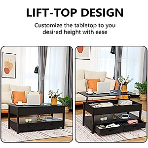 usikey Lift Top Coffee Table, Coffee Tables with 2 Storage Drawer and Hidden Compartment Open Shelf, Retro Wood Central Coffee Table with Lift Tabletop for Living Room, Black