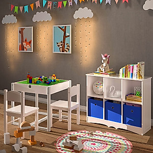 4NM 3 in 1 Kids Table Set for 2, Children Table and Chairs, Toddler Play Activity Table with Hidden Storage Wood Building Block Table Desk for Ages 3-7 - White Green