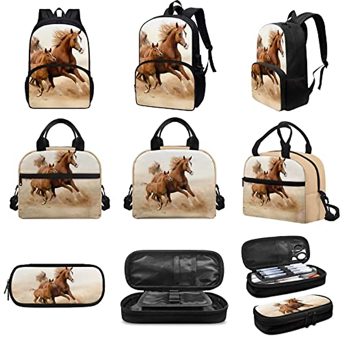 AmzPrint Horse Backpacks For Girls With Lunch Box,Elementary School Bags3 In 1 Bookbag Set Camping Childrens Backpack