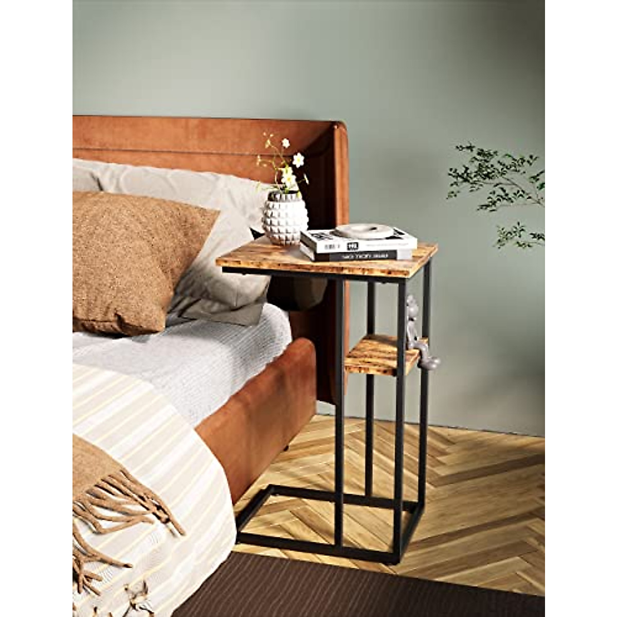 Innerjoin 2 Shelves C Side Table with Metal Frame, C Shaped End Table, TV Tray Table for Couch, Sofa Table for Living Room Bedroom, Bedside Table, Rustic Vintage Style, Brown