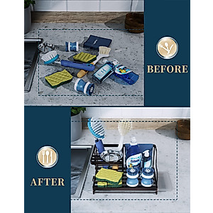 Consumest Sink Caddy Kitchen Sink Organizer, SUS304 Stainless Steel Sponge Holder for Kitchen Sink, Double-Layer Soap Sponge and Brush Holder with Removable Drain Tray, Bronze