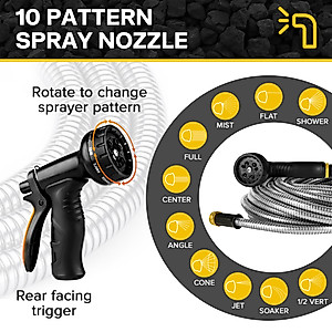 Ainpota Garden Hose Water Hose 100ft Metal Heavy Duty Stainless Steel Water Pipe with Sprayer & Nozzle Flexible Lightweight Hose No Kink Pet Proof Hose for Yard, Outdoors, Rv