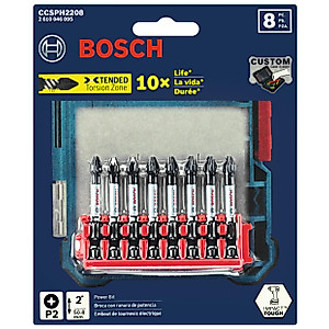 BOSCH CCSPH2208 8-Pack 2 In. Impact Tough Phillips P2 Power Bits with Clip for Custom Case System