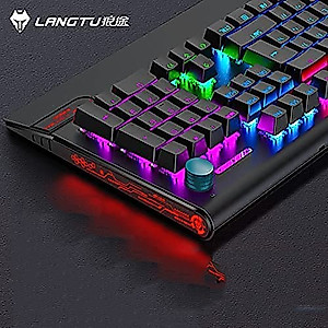 Multimedia Knob Computer Mechanical Keyboard Sandblast Metal Panel,104-Keys Conflict Free Buttons Gaming Keyboard,Dazzle Colour on Both Side, Mouse+Mouse Pads (Black/Raionbow Backlit/Blue Switch)