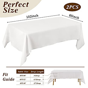 White Tablecloth 2pcs 60x102, Waterproof Table Cloth for 6 Feet Rectangle Tables, Wrinkle Resistant Washable Decorative Fabric Table Cover for Dining Table, Party and Outdoor Use