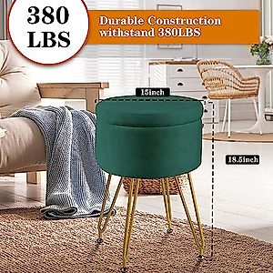 ECOMEX Velvet Round Ottoman with Storage, Golden Metal Legs, Coffee Table Tray Cover Footstool Makeup Vanity Stool Modern Furniture for Living Room Bedroom, Green