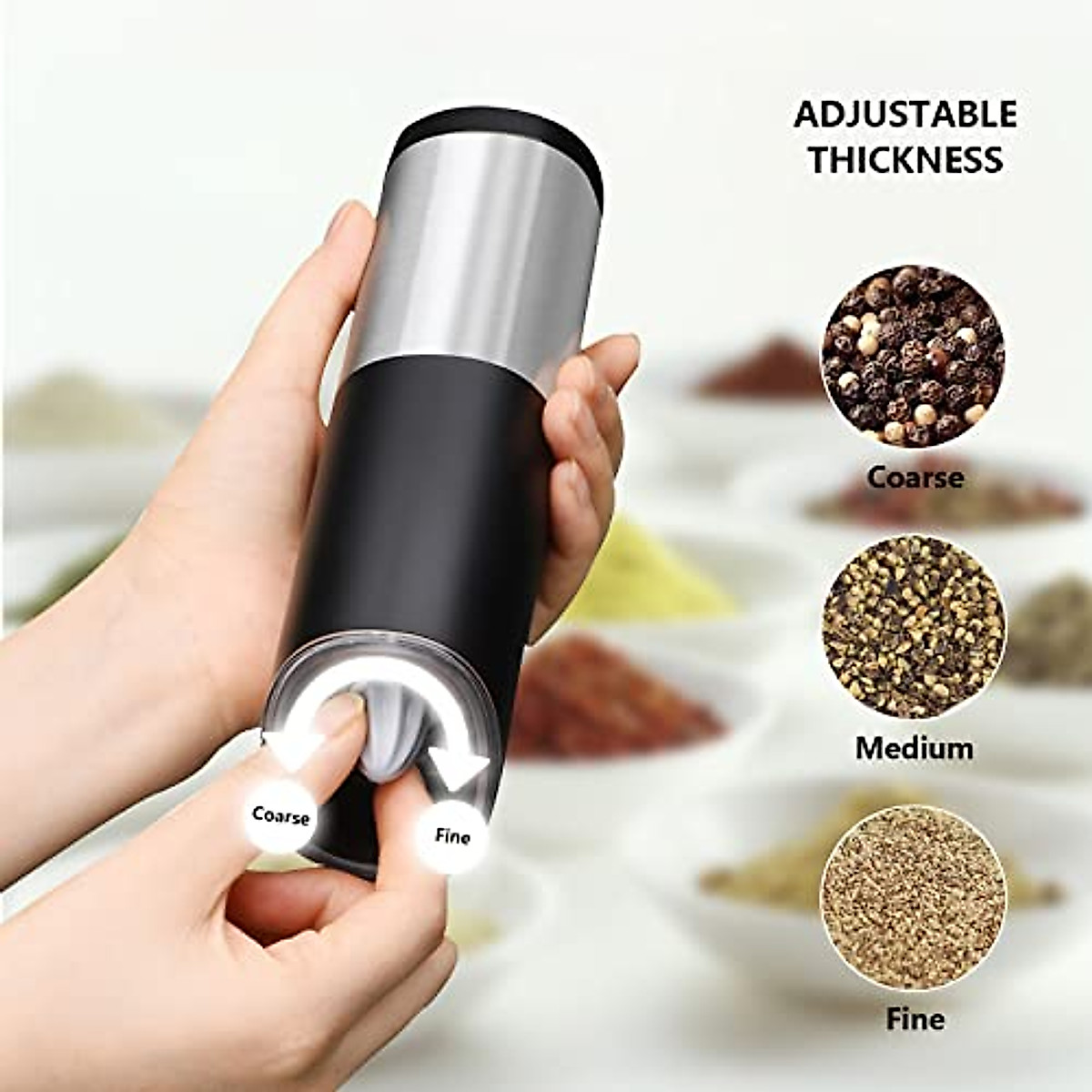 Gravity Electric Salt and Pepper Grinder Set Battery Operated,One Hand Operation Automatic salt and pepper grinder set,Electric Salt and Pepper Shakers with LED Light,Adjustable Coarseness(2 PCS)
