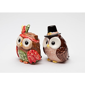Fine Ceramic Thanksgiving Pilgrim & Native American Indian Owl Salt & Pepper Shakers Set, 2-7/8" H