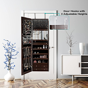 CHARMAID LED Strip Jewelry Armoire with 47.2" H Full Length Mirror, Wall/Door Mounted Jewelry Organizer with Built-in Mirror, Flip-over Cosmetic Tray, 4 Drawers, Large Storage Jewelry Cabinet (Coffee)