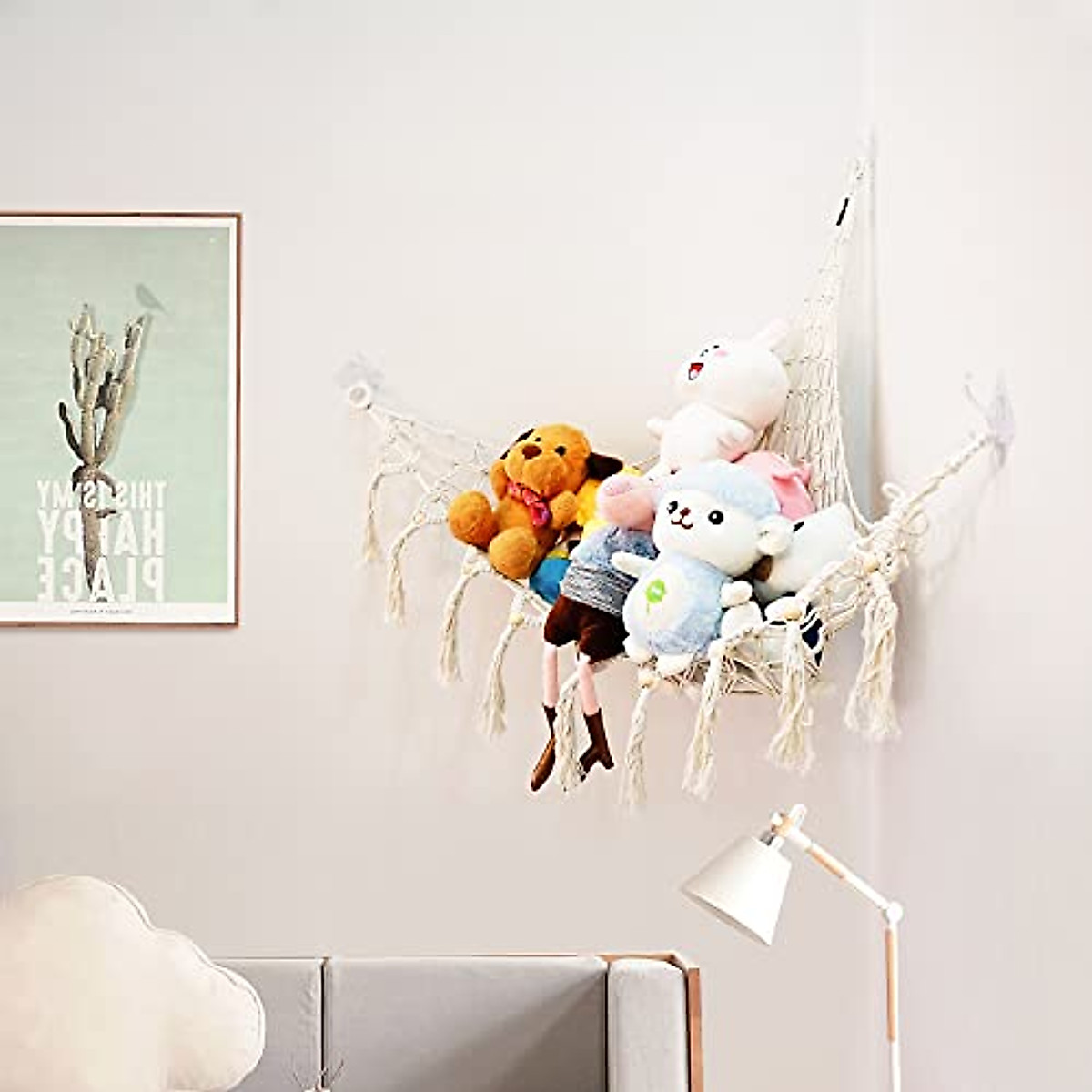 Stuffed Animal Toy Hammock Corner Hammock Organizer Display Rack Bohemian Net Bag For Hanging Toys Hanging Stuffed Animal Organizer Corner Toy Storage Rack Stuffed Animal Net Tassel 44 In (Pink)