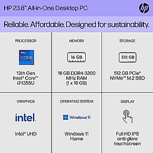 HP 23.8 inch All-in-One Desktop PC, FHD Display, 13th Generation Intel Core i7-1355U, 16 GB RAM, 512 GB SSD, Intel UHD Graphics, Windows 11 Home, 24-cr0080 (2023)