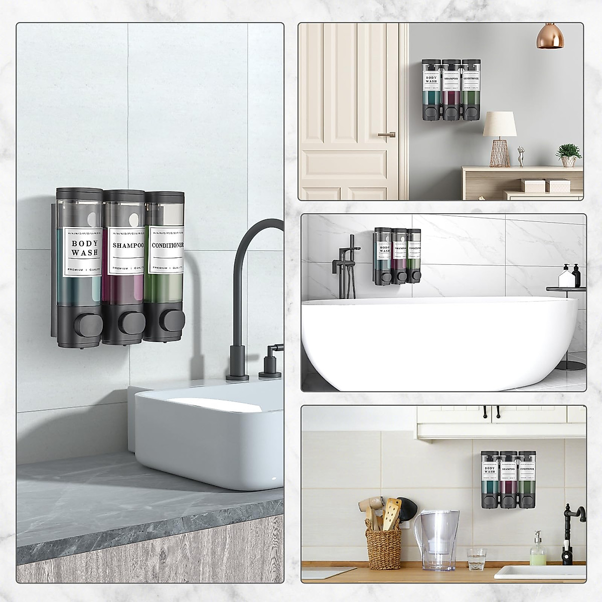 Shampoo and Conditioner Dispenser Shower Dispenser Body Wash Wall Mounted Shampoo Dispenser for Shower Wall No Drill for Bathroom Hotel 3 Chamber x 300ml Black with Waterproof Labels