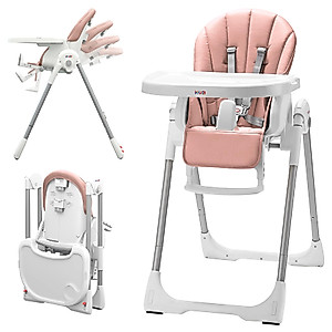 KÜB 3-in-1 Foldable Baby High Chair | 7 Height & 4 Recline Adjustable | Removable Seat & Tray for Easy Clean | 2 Locking Wheels | Multifunctional Infant Highchair for Babies Toddlers Girl (Pink)