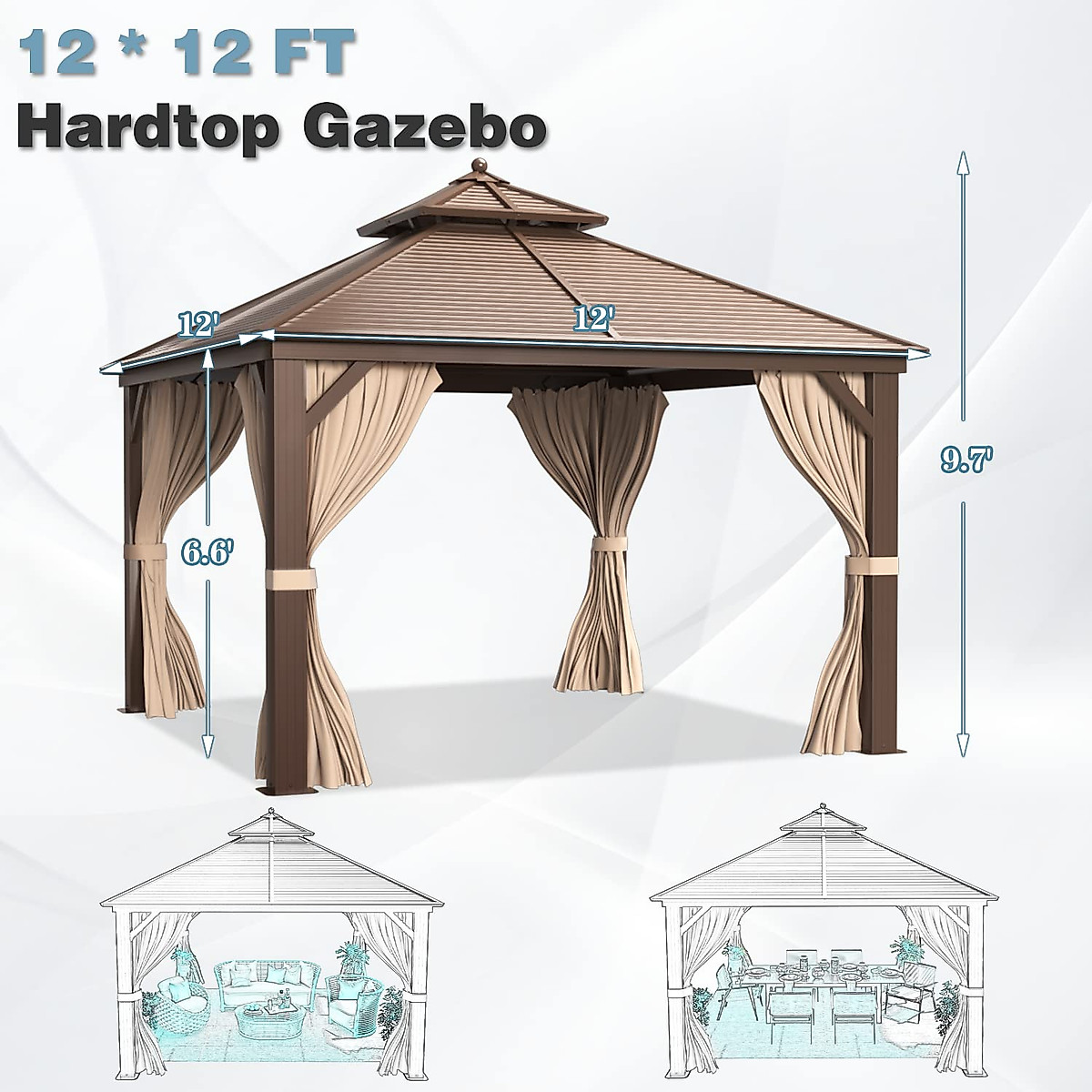 MELLCOM 12' x 12' Hardtop Gazebo, Galvanized Steel Double Roof Outdoor Gazebo, Aluminum Frame Metal Gazebo with Netting and Curtains for Patios, Gardens, Lawns Brown