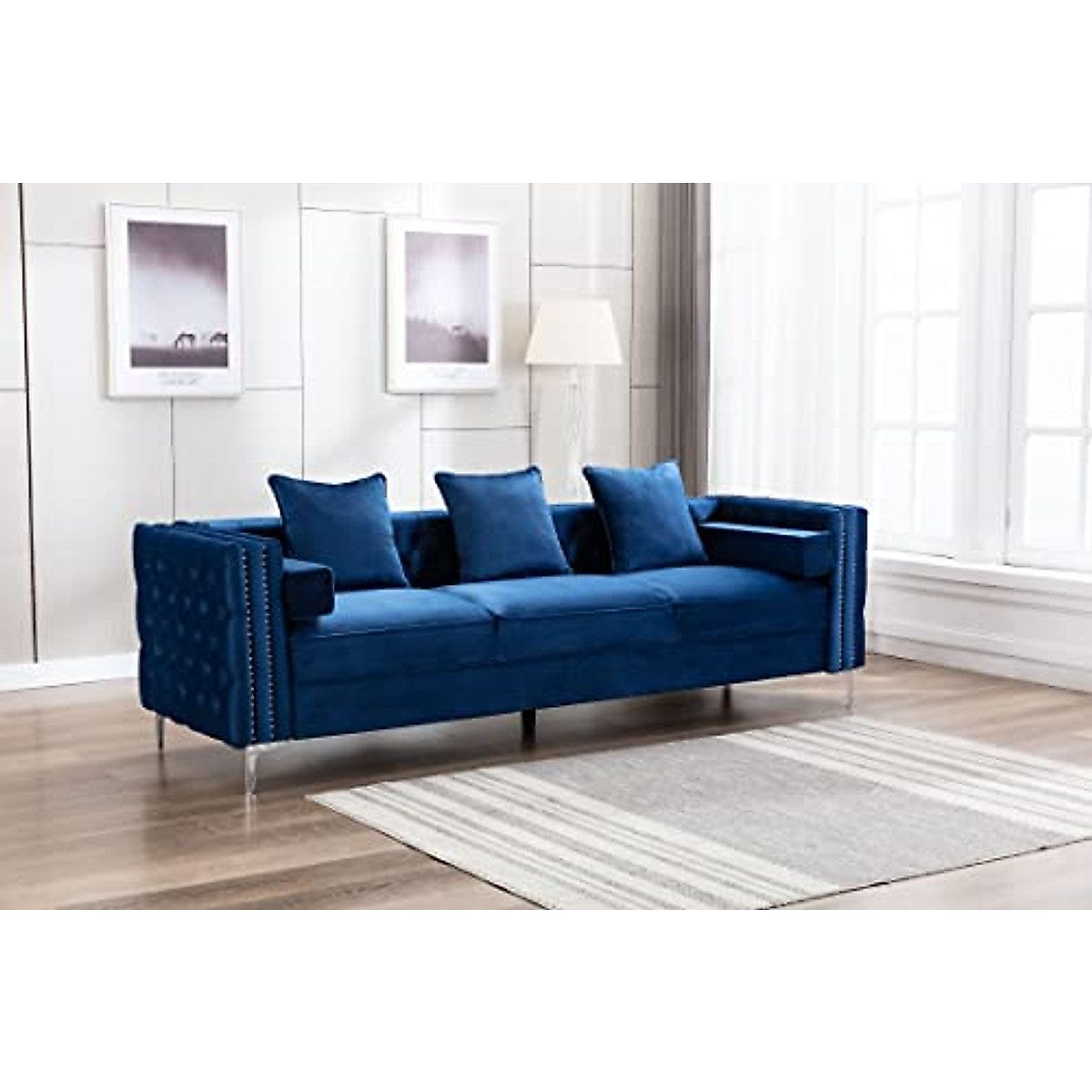 Legend Furniture Velvet Big Comfy Couch Living Room Square Arm Chesterfield 3seats Sofas, 104'', Blue